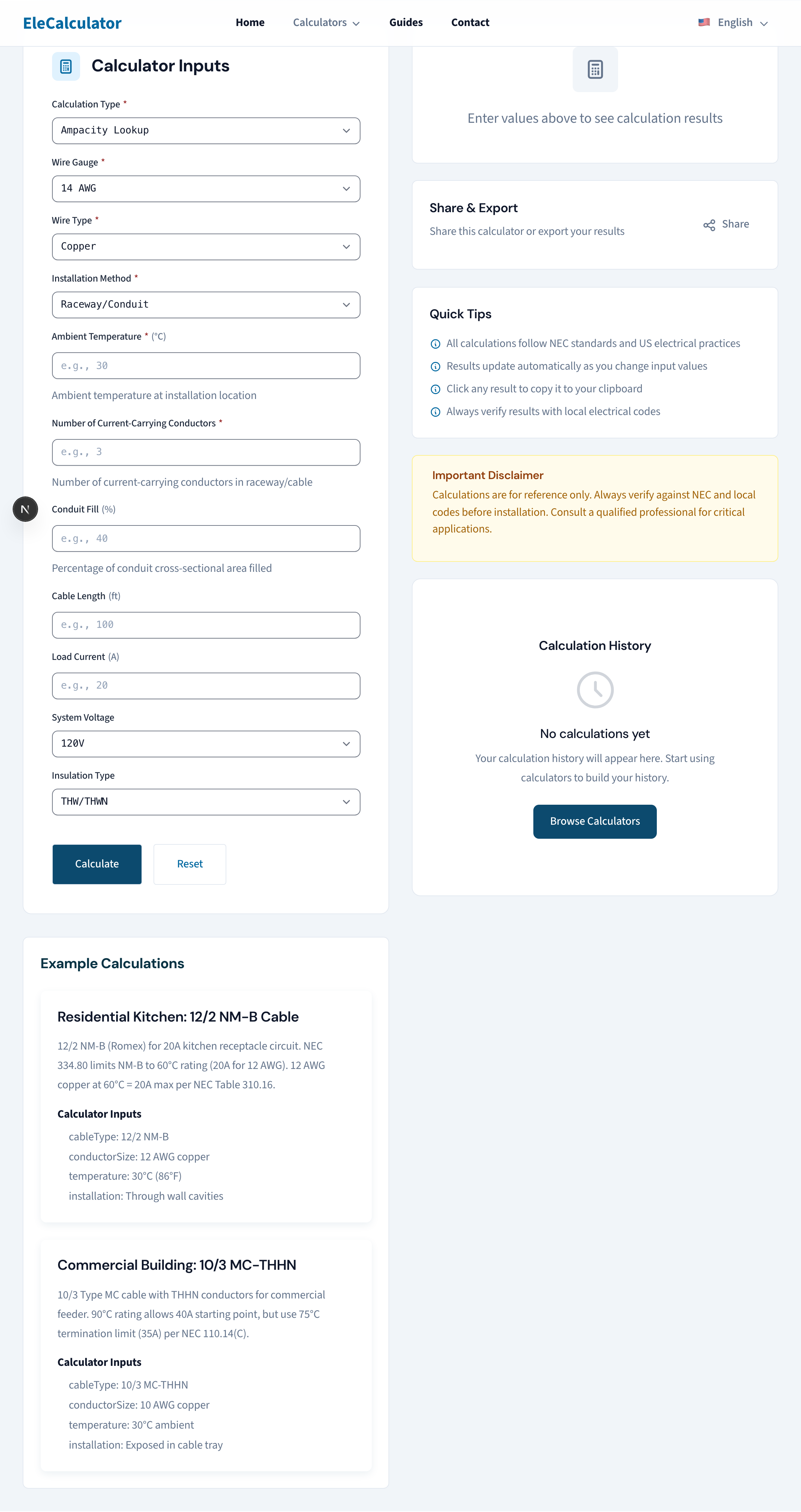 Cable Ampacity Calculator | NEC 2023 Tool | EleCalculator
