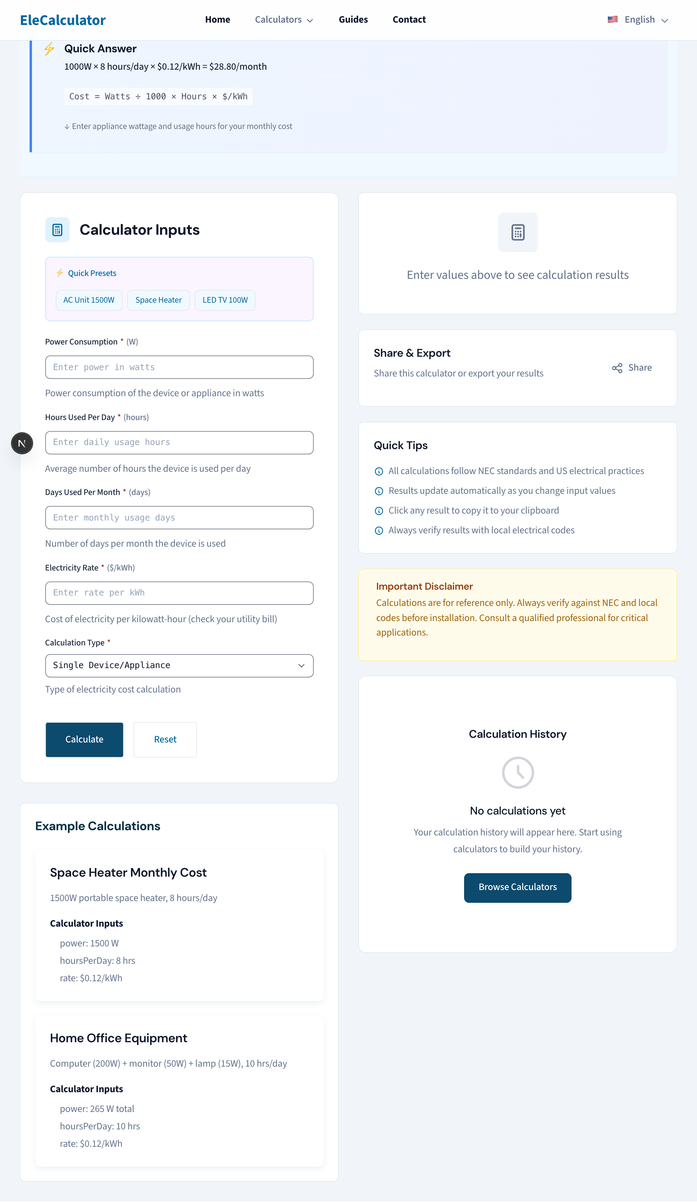 Electricity Cost Calculator — Free kWh Bill Estimator 2026 | EleCalculator
