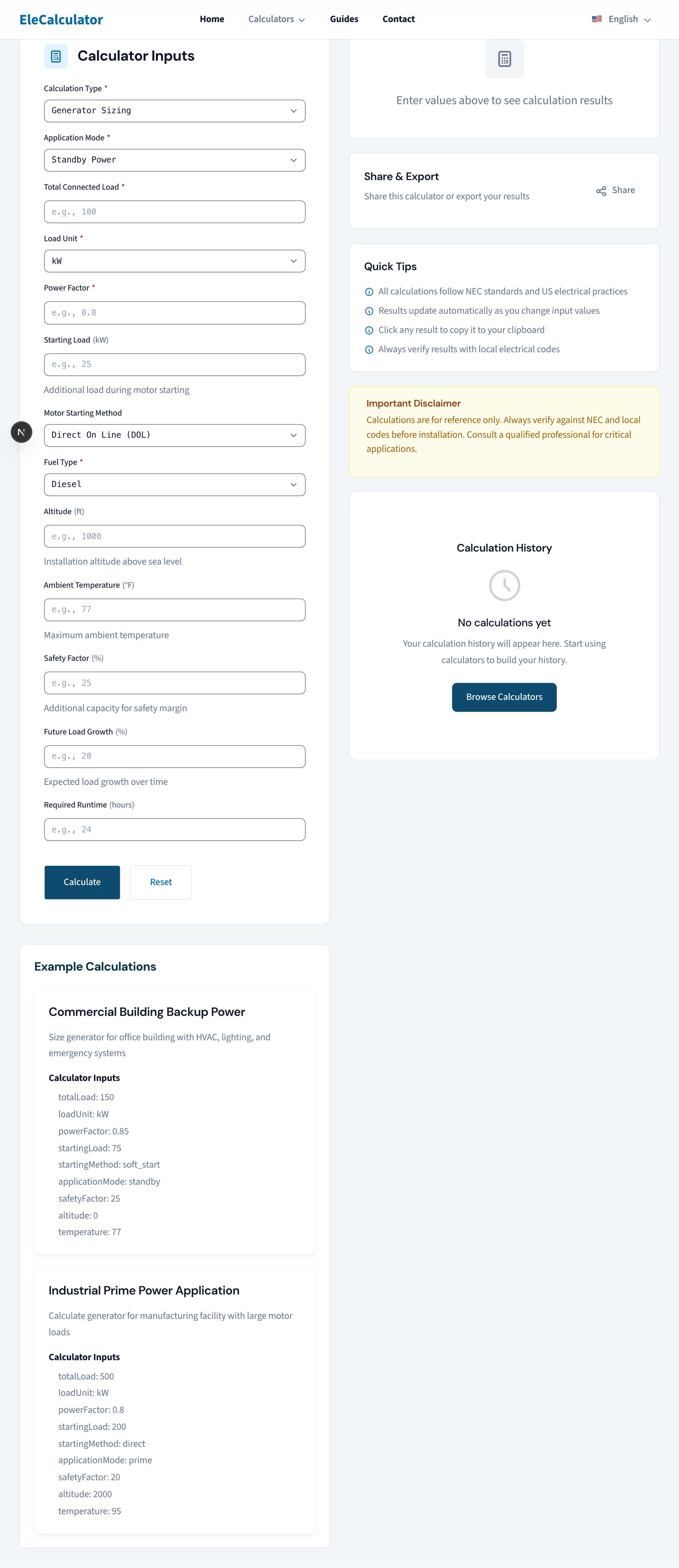 Generator Calculator | Free Power Tool | EleCalculator