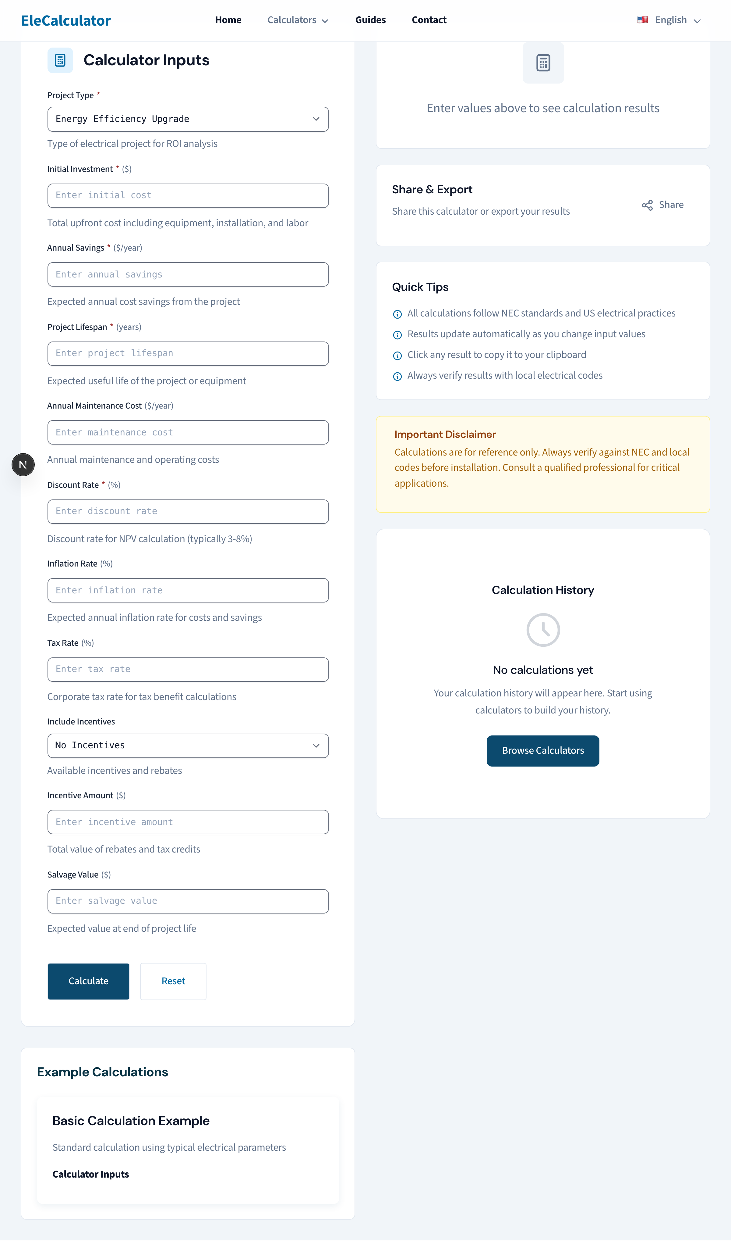 ROI Calculator | Project Payback, NPV & IRR | EleCalculator