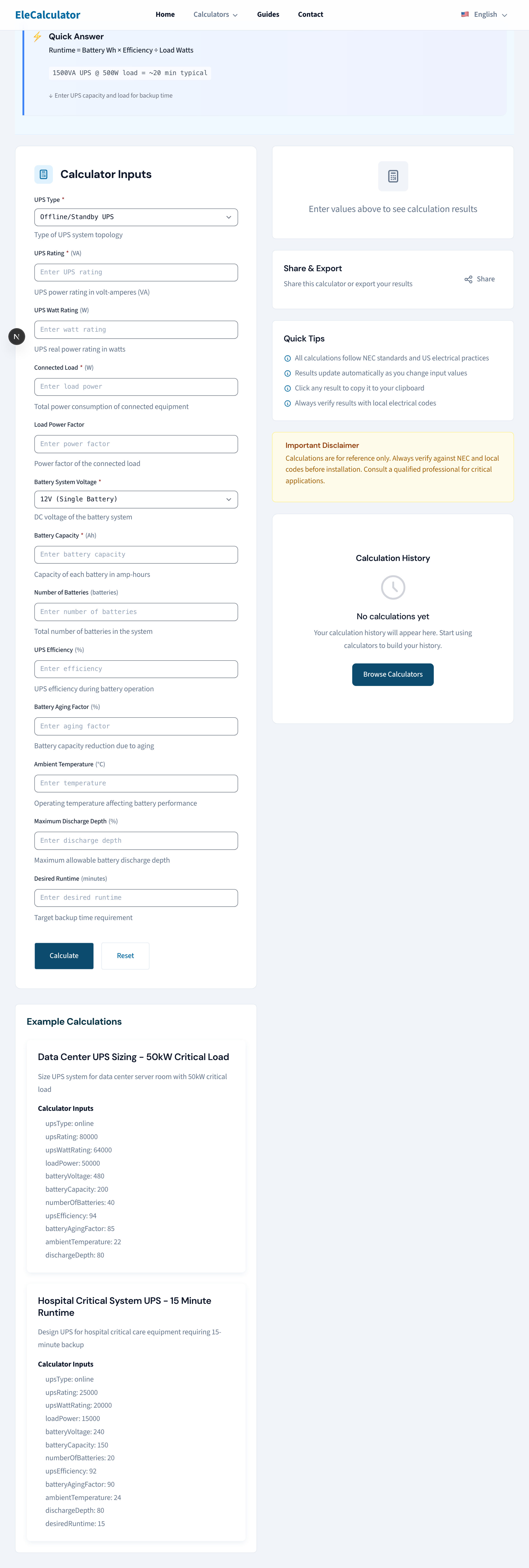 UPS Backup Time Calculator | Runtime & Batteries | EleCalculator